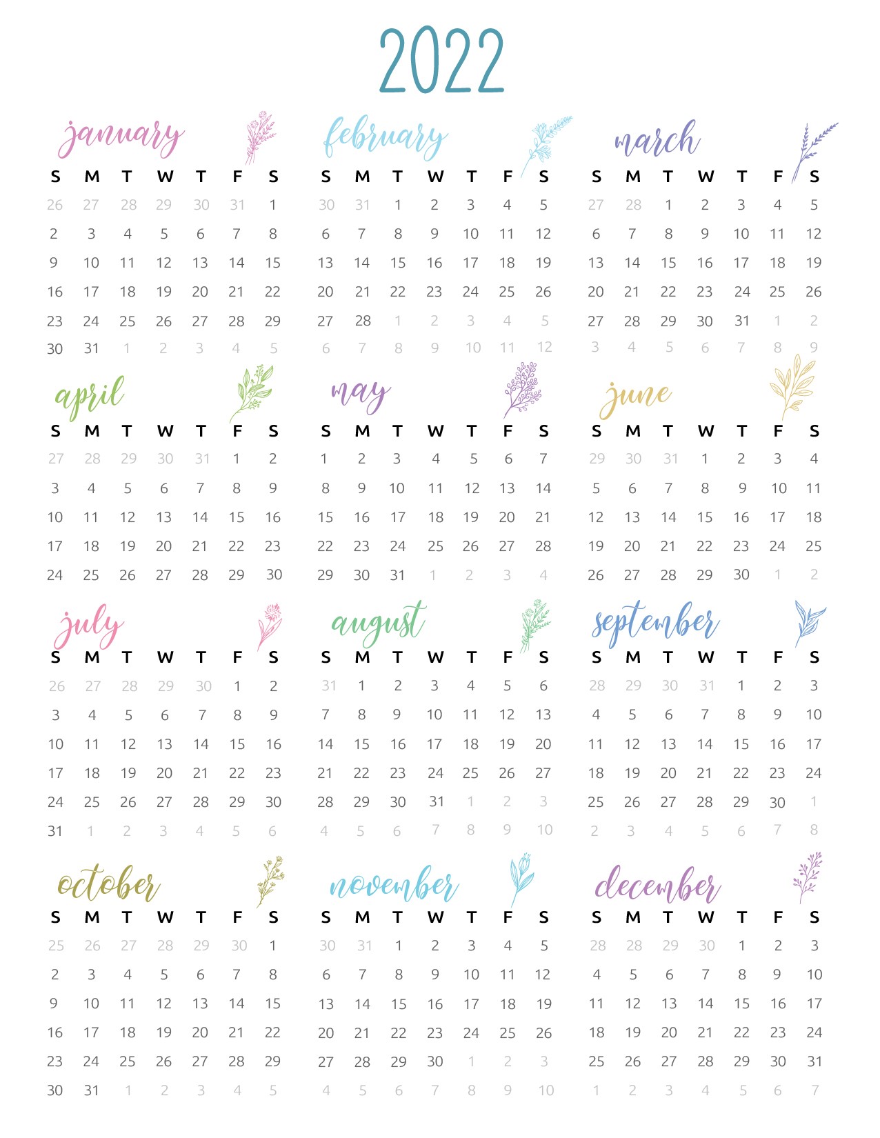 2022 Yearly Calendar Printable World Of Printables