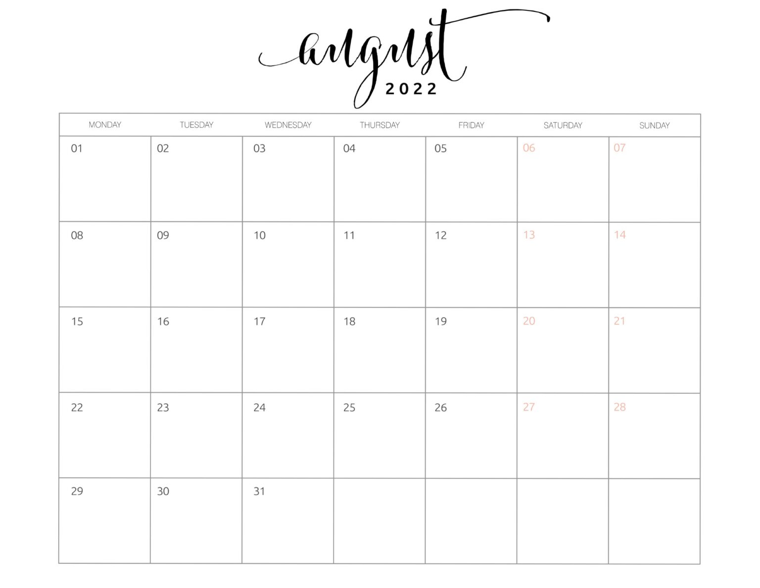 Free Printable August 2022 Calendars - World of Printables
