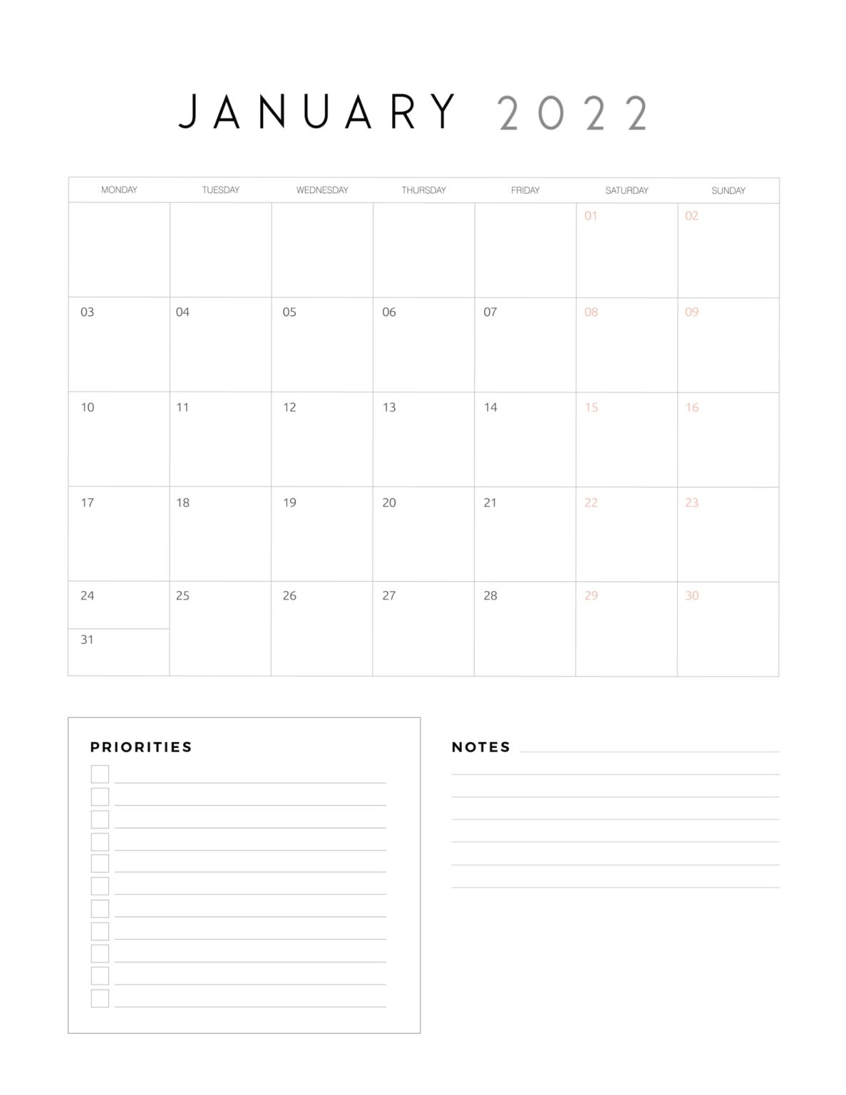 Free Printable January 2022 Calendars - World of Printables
