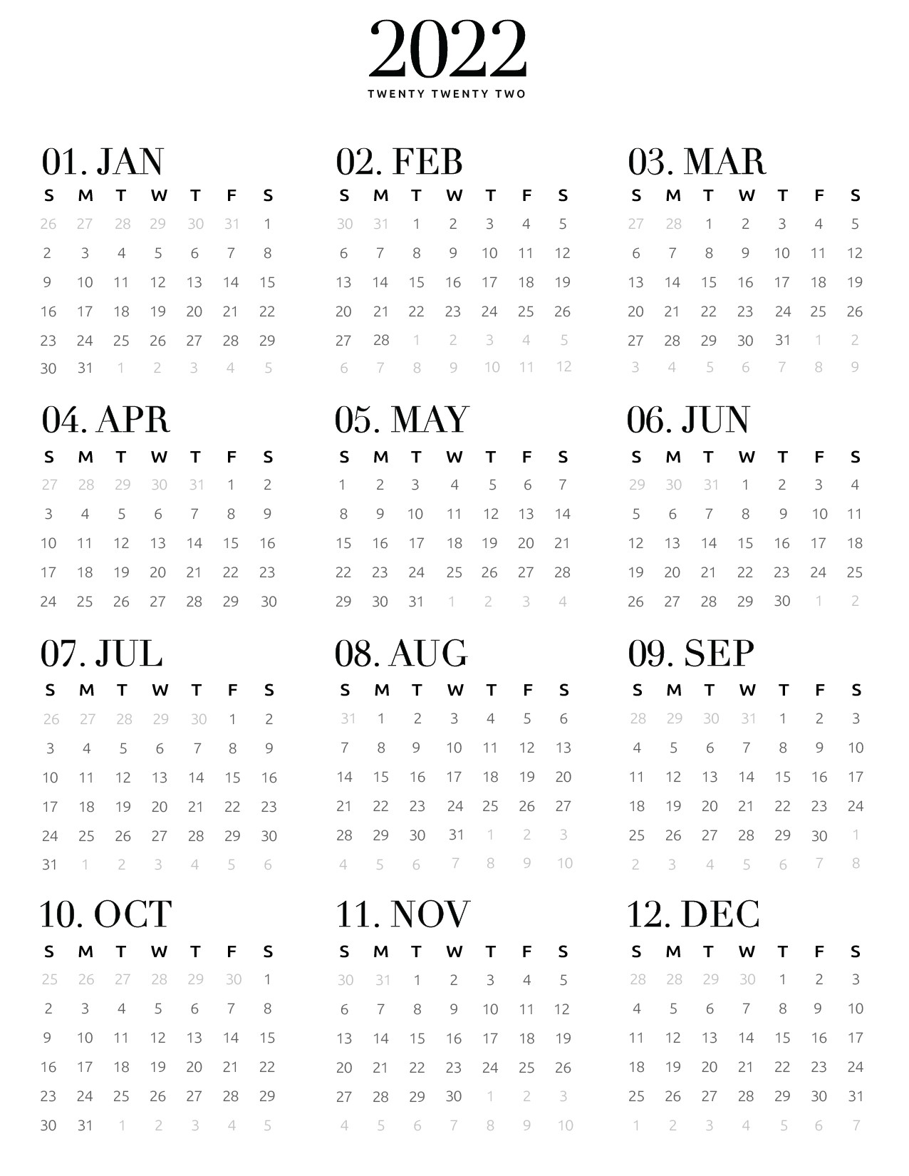 Year View Calendar 2022 Monitoring solar in