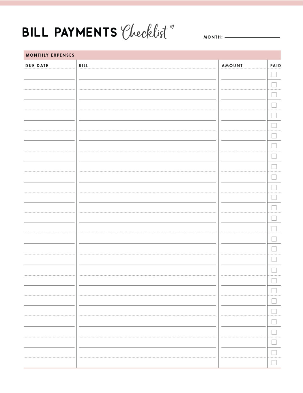 Download Printable Bill Checklist PDF - World of Printables