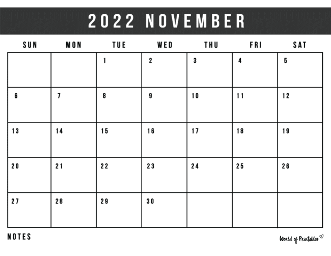 Free Printable November 2022 Calendars - World of Printables