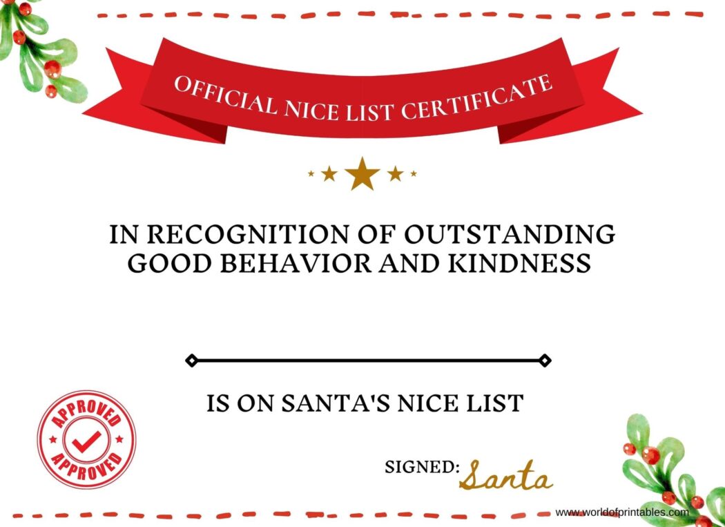 Christmas Nice List Certificate From Santa - Free Printable To Personalize