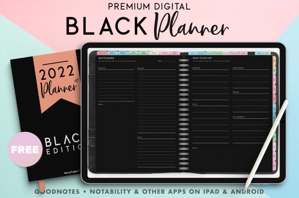 Free Black Digital Planner For iPad & GoodNotes - World of Printables