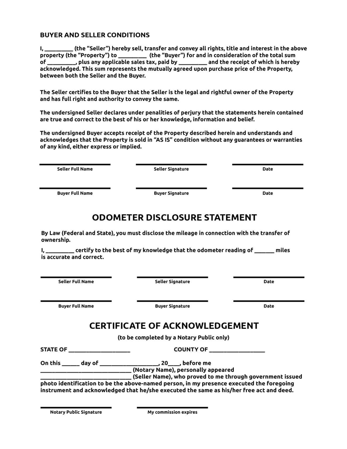 Printable Bill of Sale For Vehicle - World of Printables