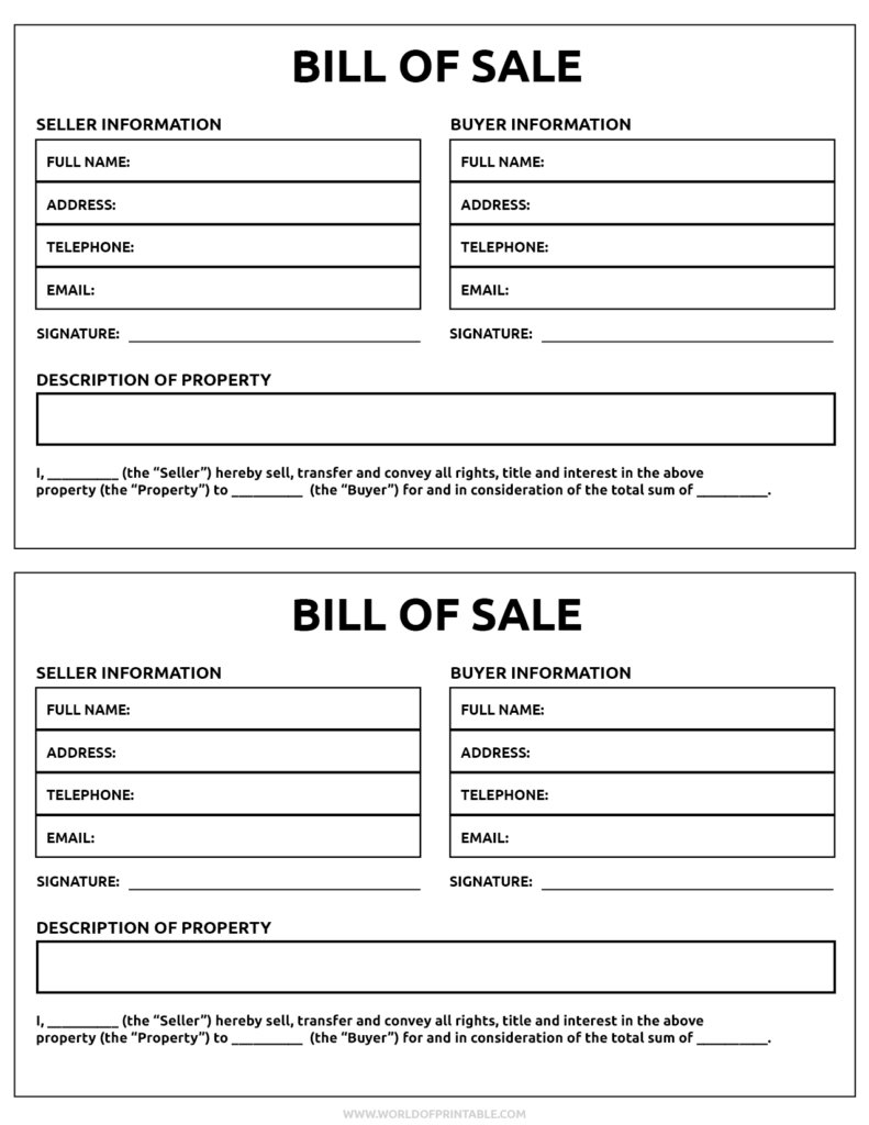 Printable Bill Of Sale World Of Printables
