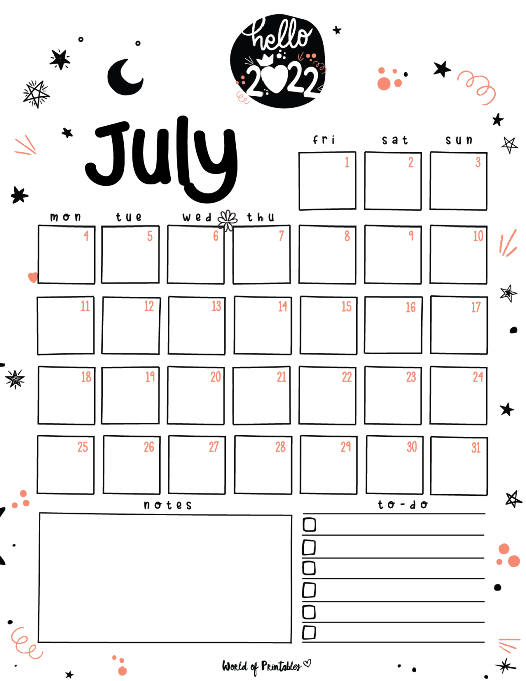 Free Cute July Calendar & Planner Printables
