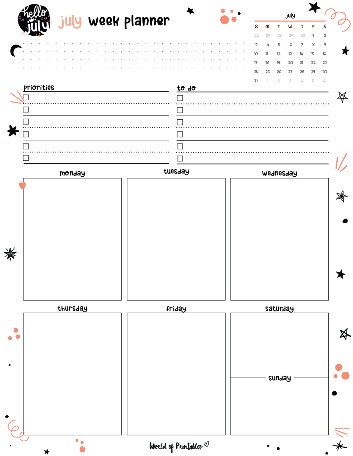 Free Cute July Calendar & Planner Printables