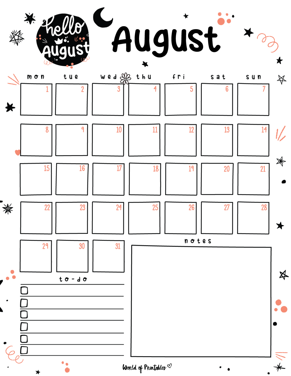 Free Cute August Calendar & Planner Set