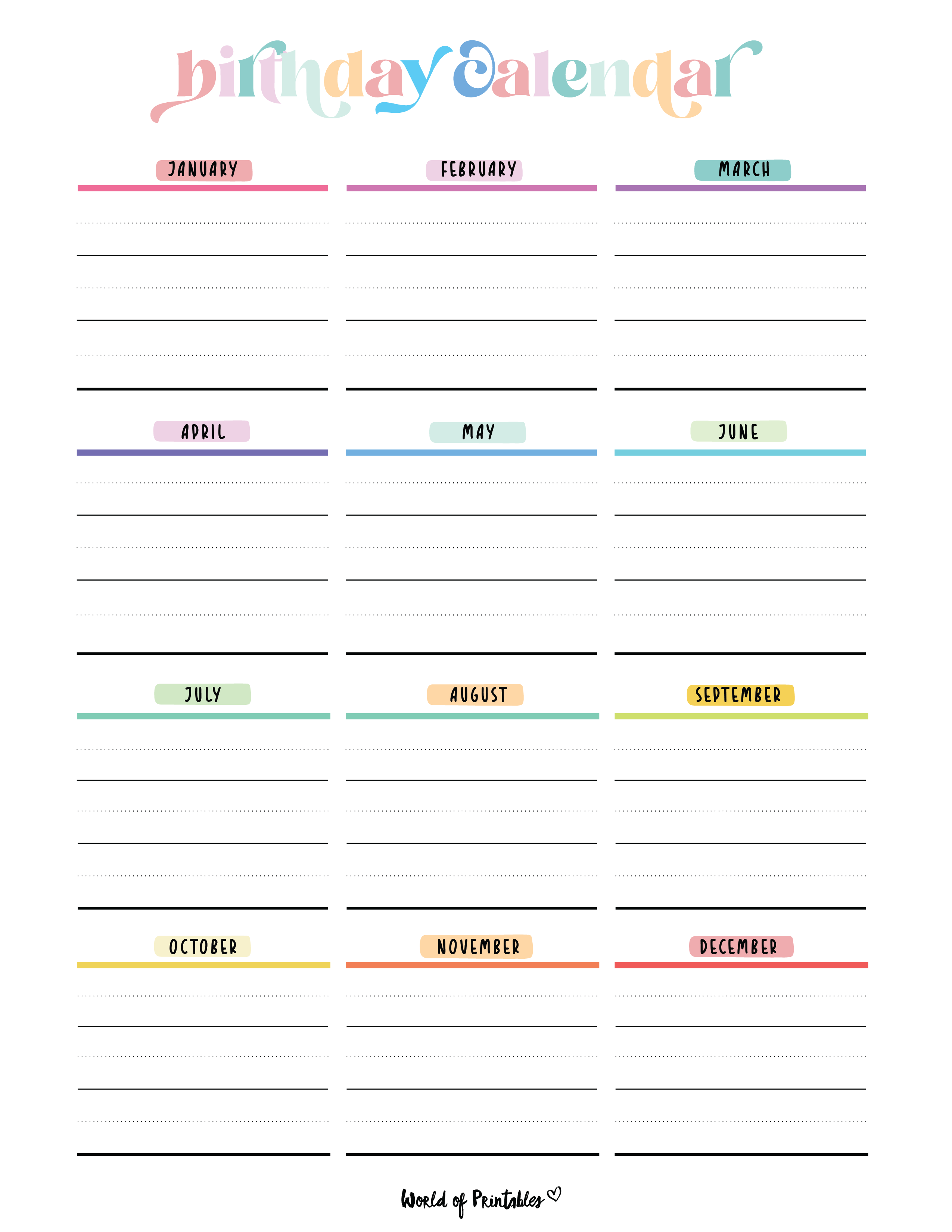 Birthday Calendars World Of Printables