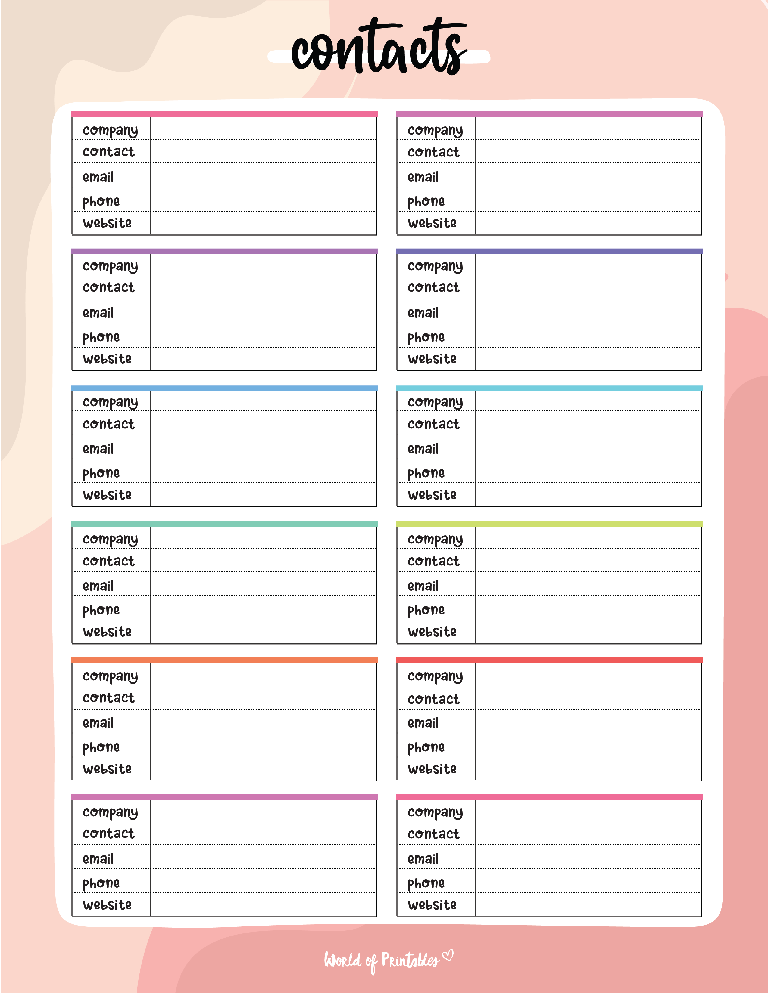 Printable Cute Contact List Template