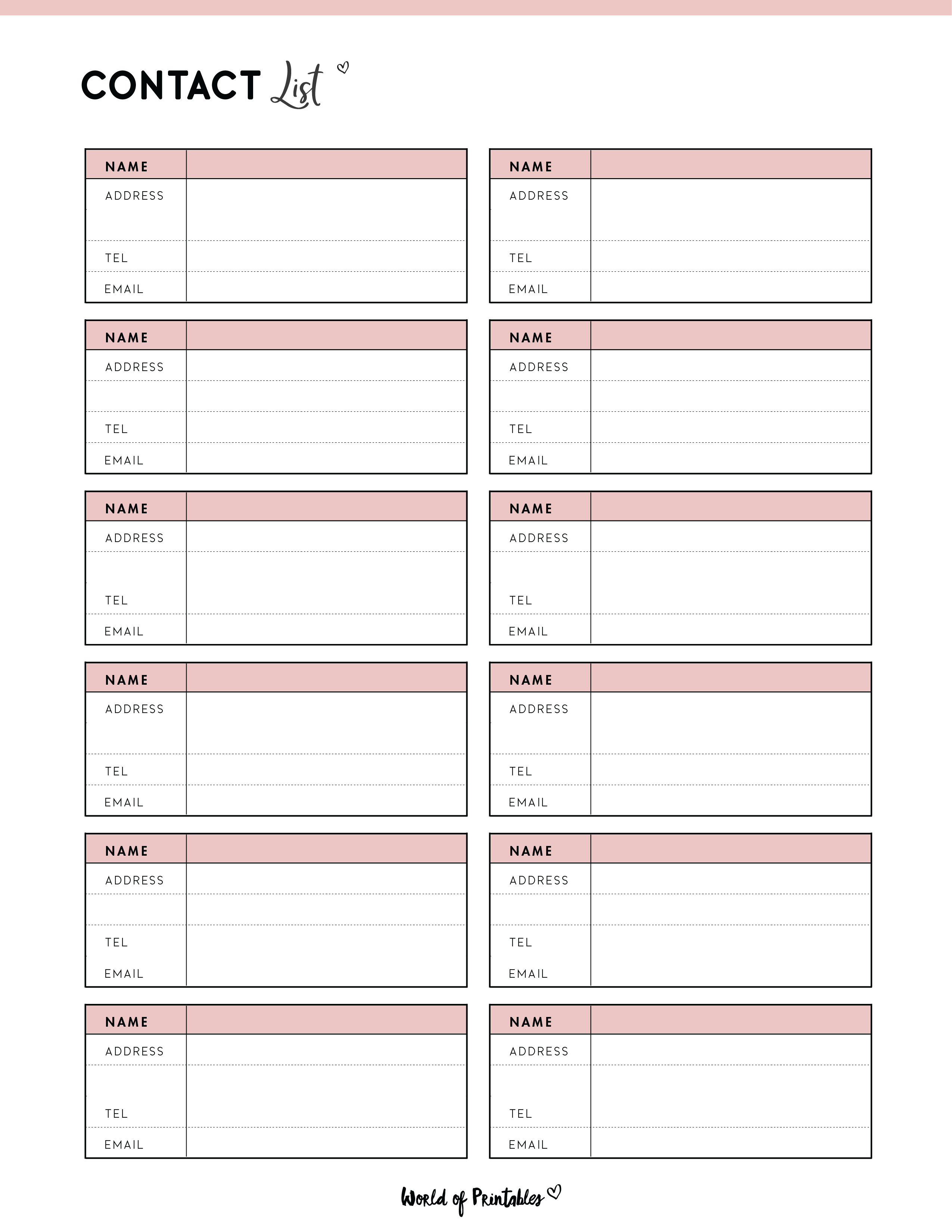 Contact List Templates 12 Of The Best Styles World Of Printables