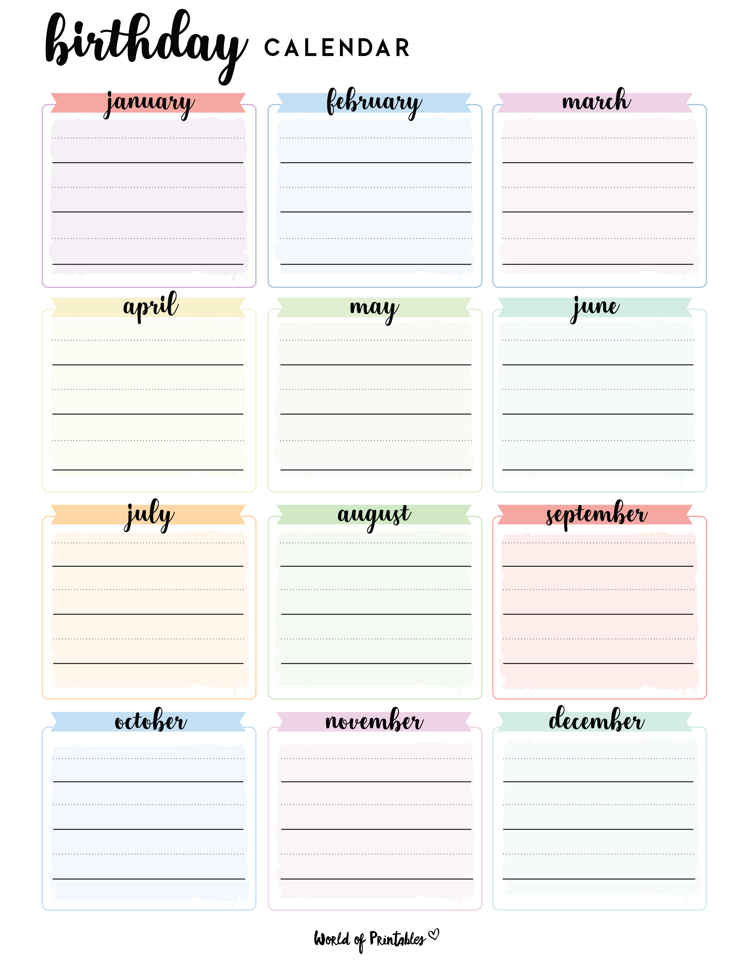 Printable Birthday Calendar Template Birthday List Perpetual 