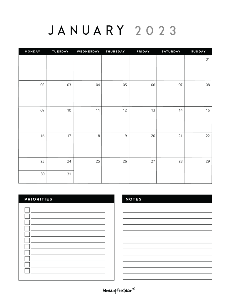 Free Printable January 2023 Calendars - World of Printables