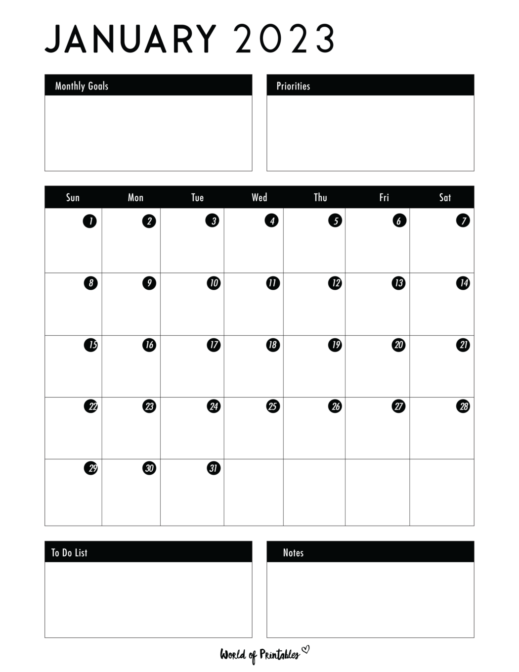 Free Printable January 2023 Calendars - World of Printables