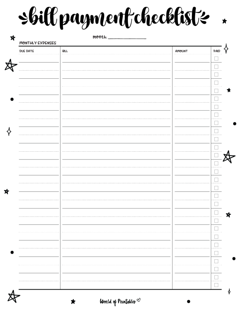Free Bill Payment Checklist PDF - World of Printables