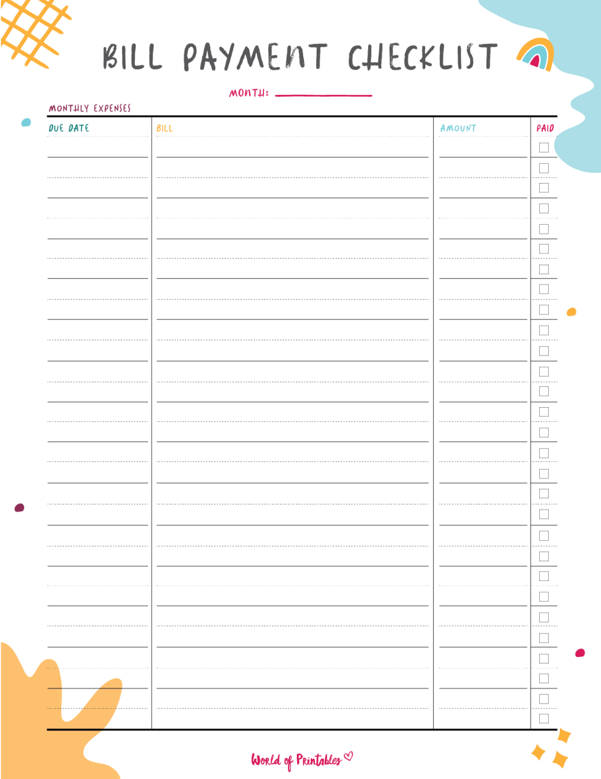 Free Bill Payment Checklist PDF - World of Printables