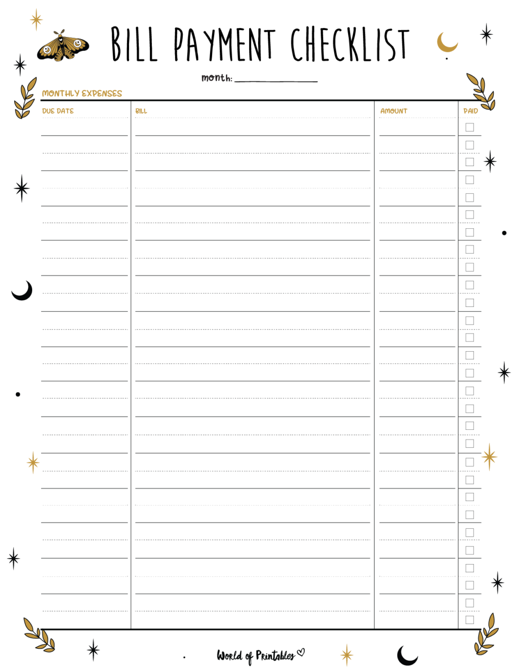 Free Bill Payment Checklist PDF - World of Printables