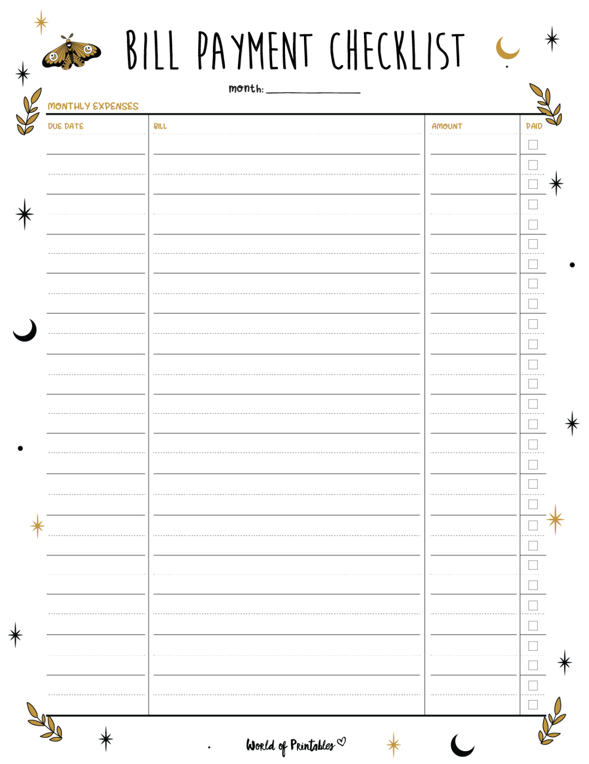 Free Bill Payment Checklist PDF - World of Printables
