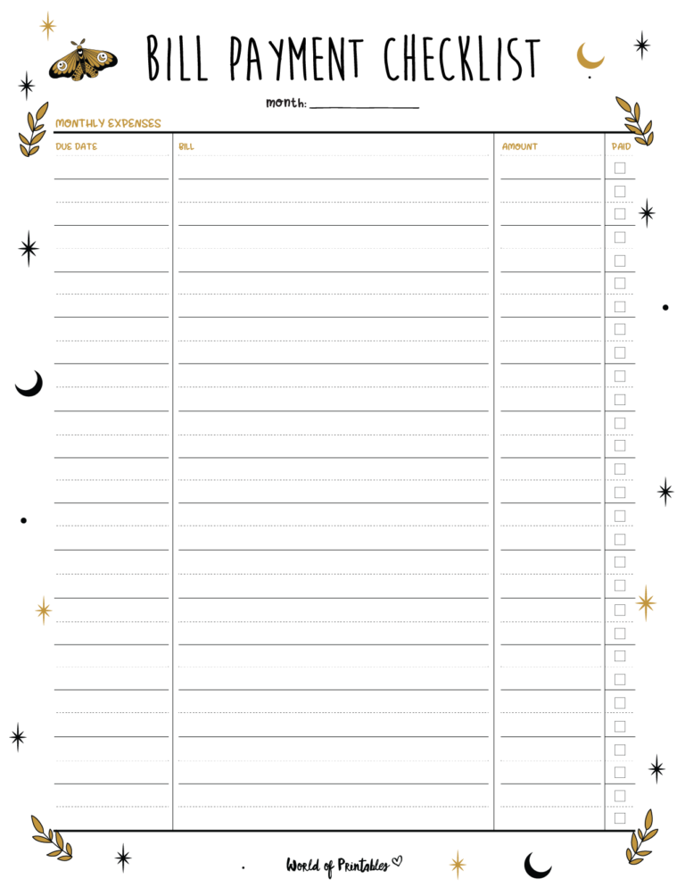 Free Bill Payment Checklist PDF - World of Printables