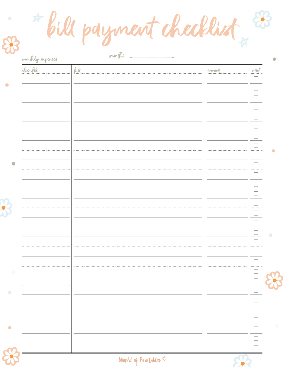 Free Bill Payment Checklist PDF - World of Printables