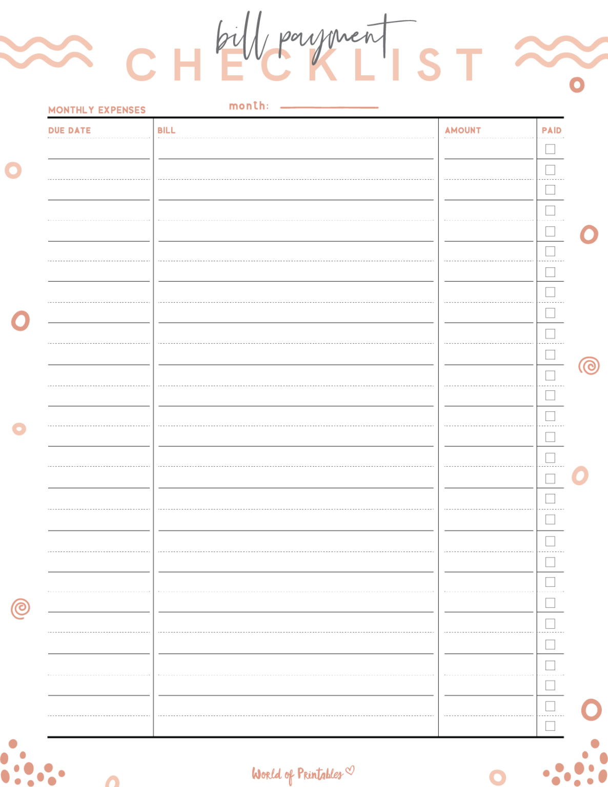 Free Bill Payment Checklist PDF - World of Printables