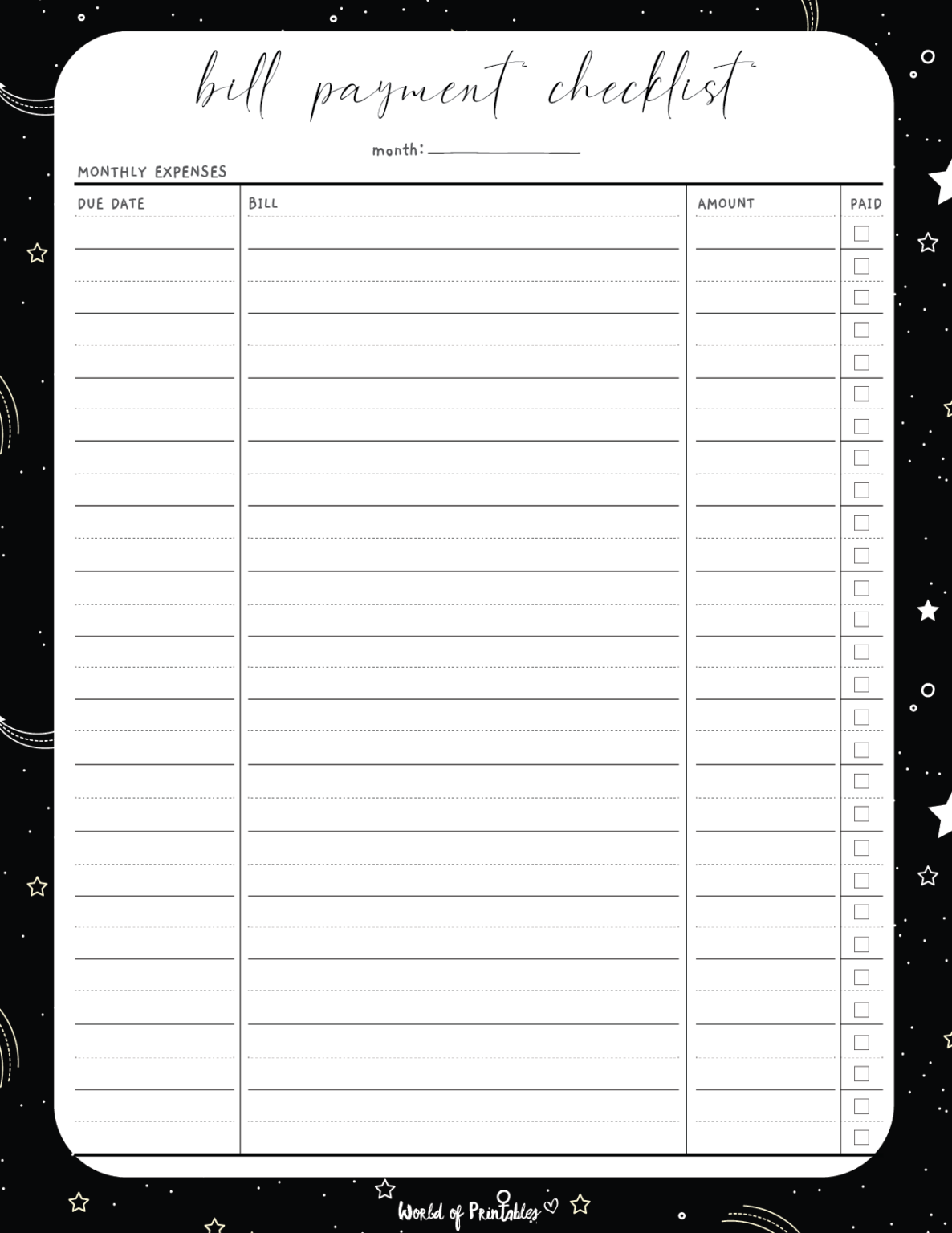 Free Bill Payment Checklist PDF - World of Printables