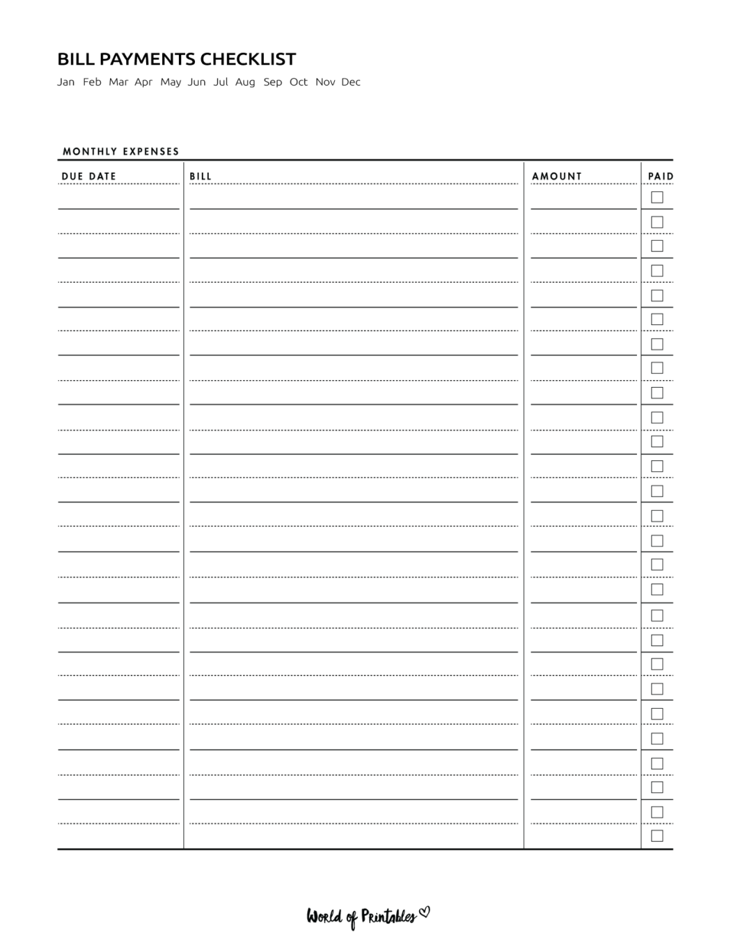 Free Bill Payment Checklist PDF - World of Printables