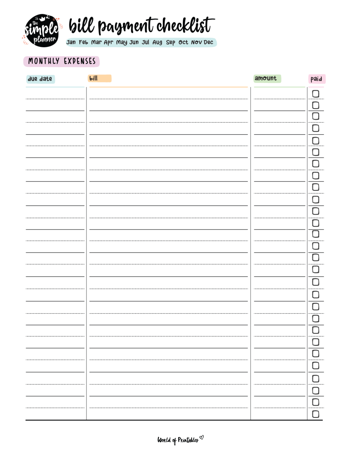 Free Bill Payment Checklist PDF - World of Printables