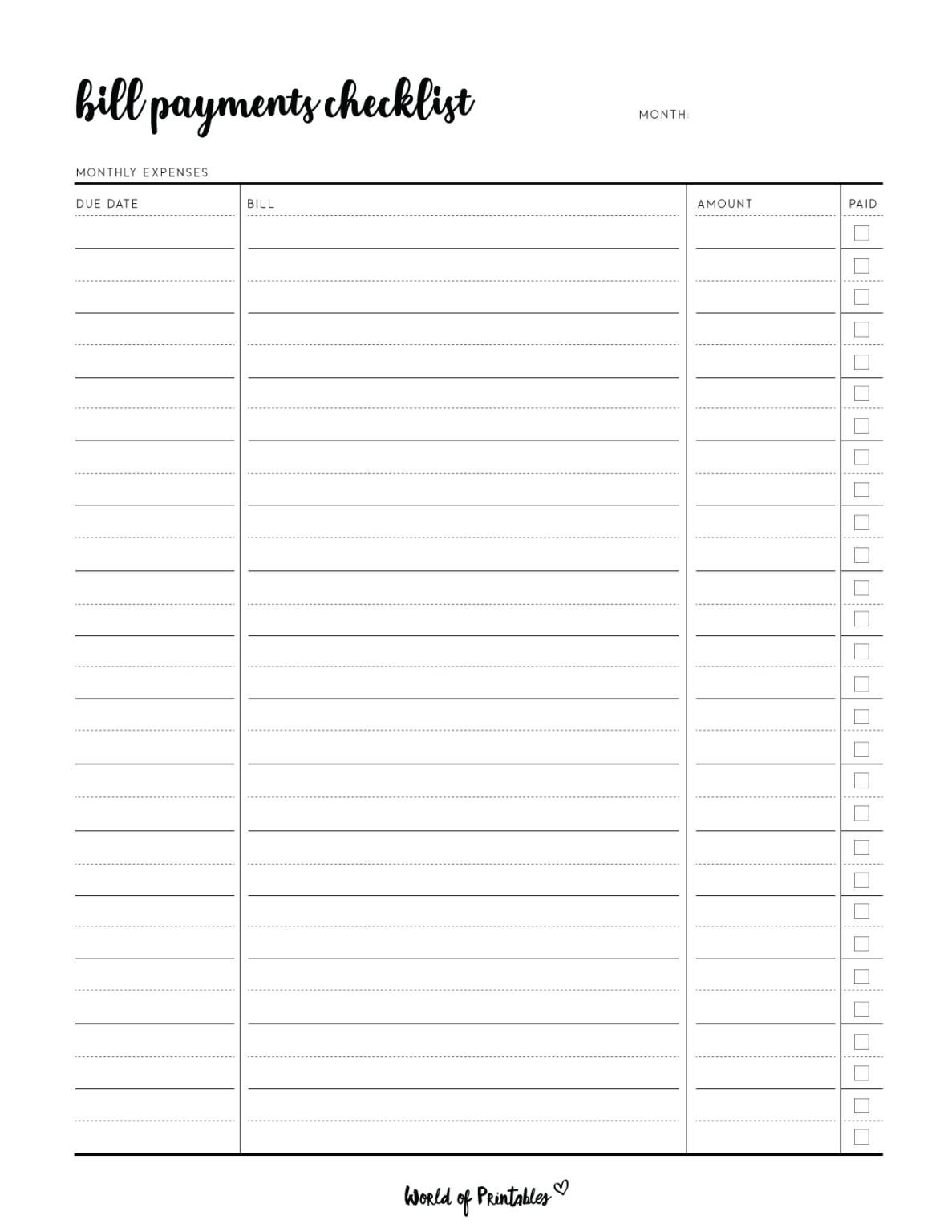Free Bill Payment Checklist PDF - World of Printables