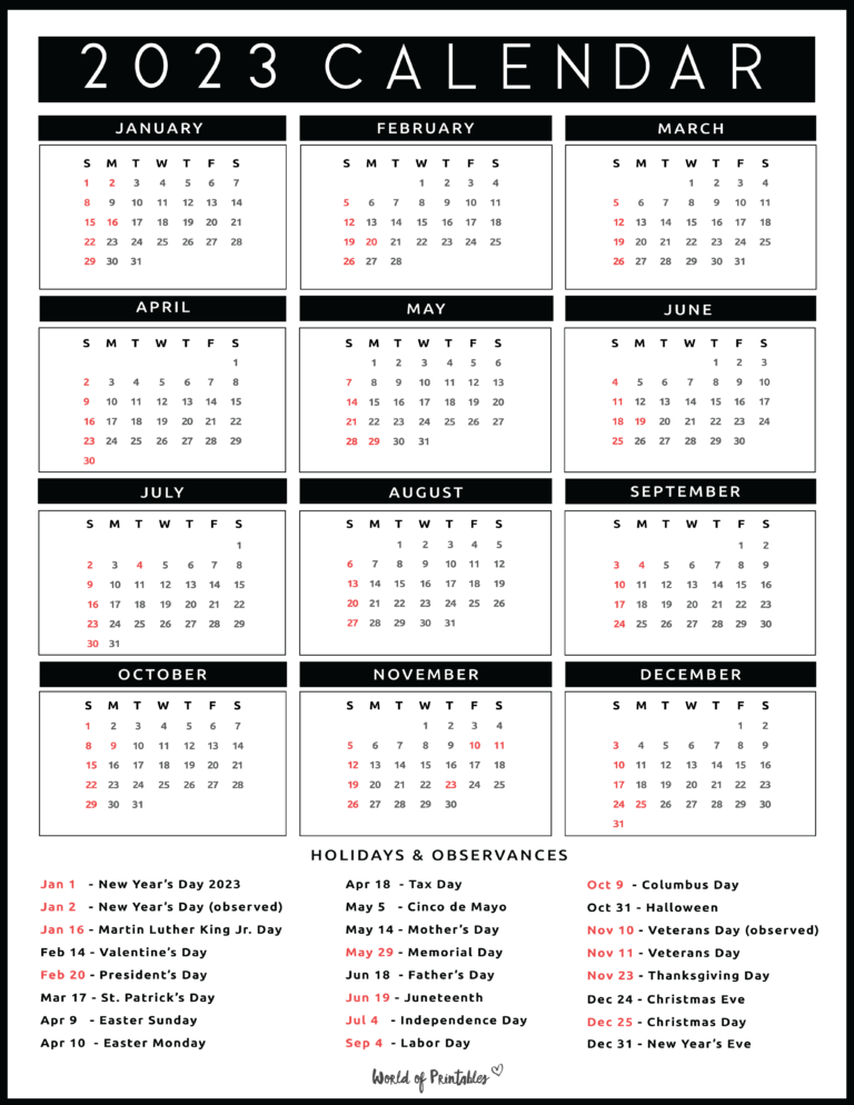 2023 Calendar With Holidays - World of Printables