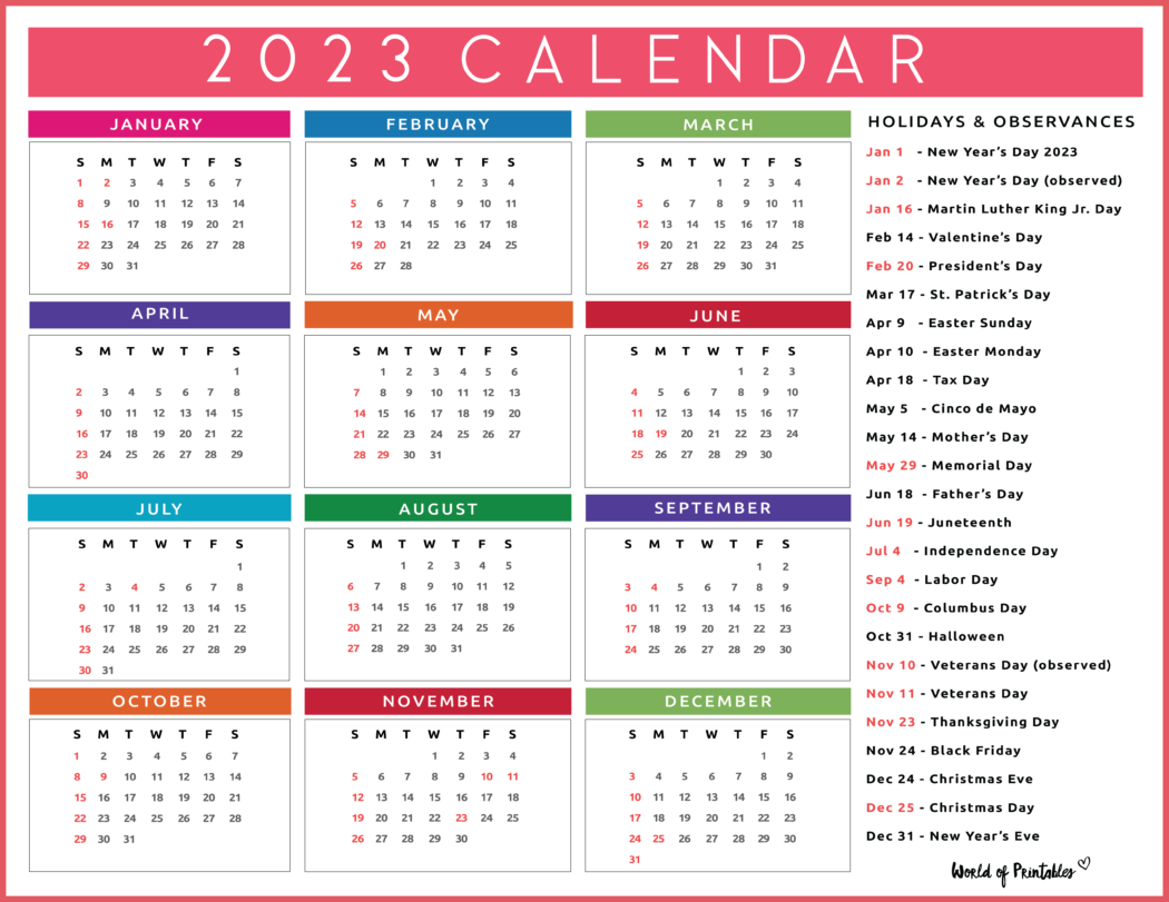 2023 Calendar With Holidays - World of Printables