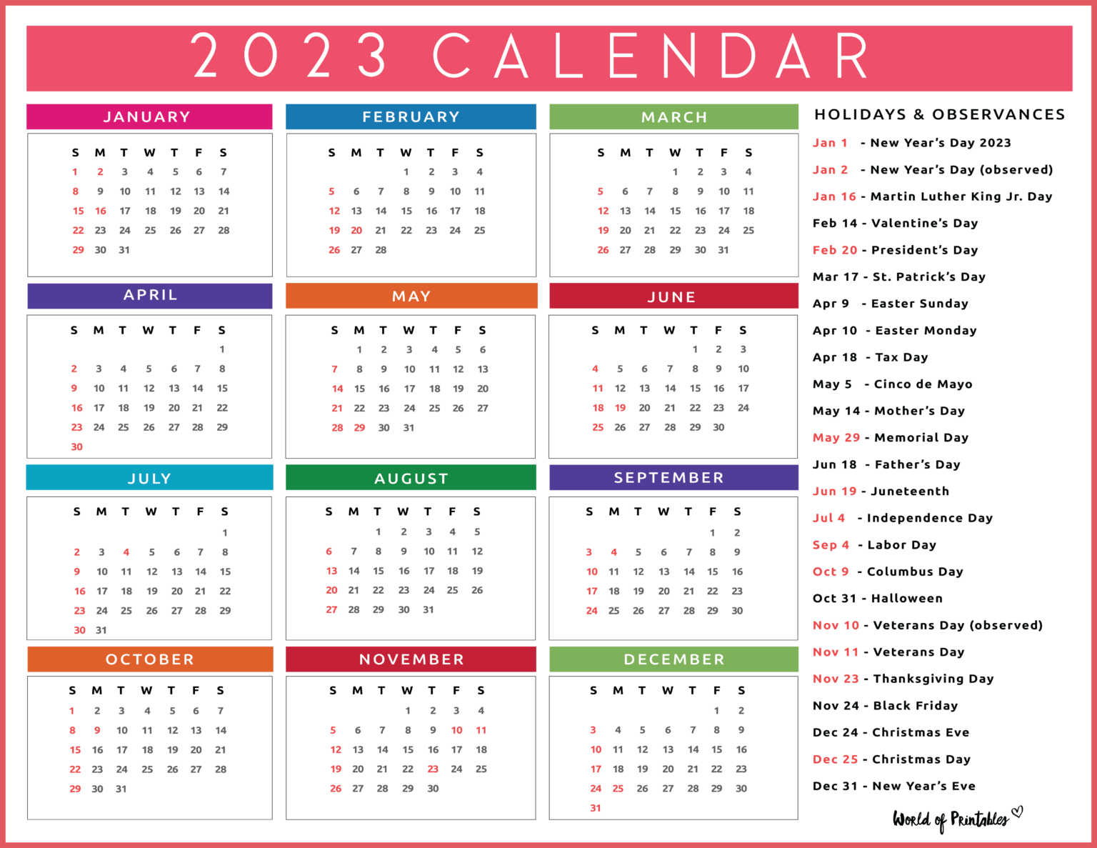 2023 Calendar With Holidays - World of Printables