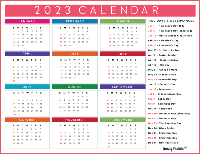 2023 Calendar With Holidays - World of Printables
