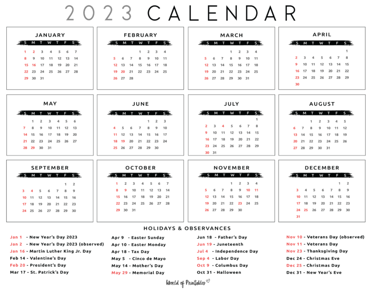 2023 Calendar With Holidays - World of Printables
