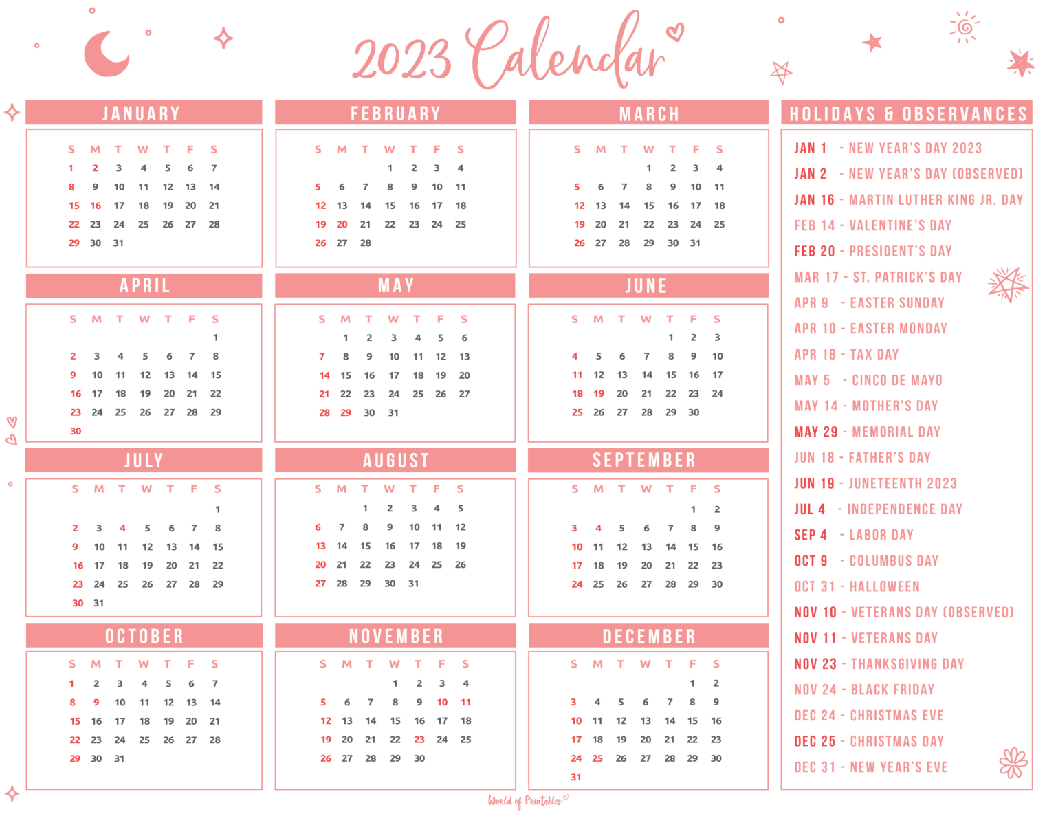 2023 Calendar With Holidays - World of Printables