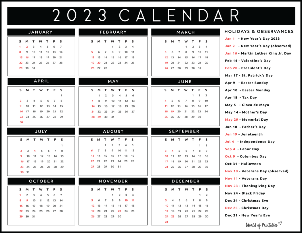 2023 Calendar With Holidays - World of Printables
