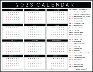 2023 Calendar With Holidays - World of Printables