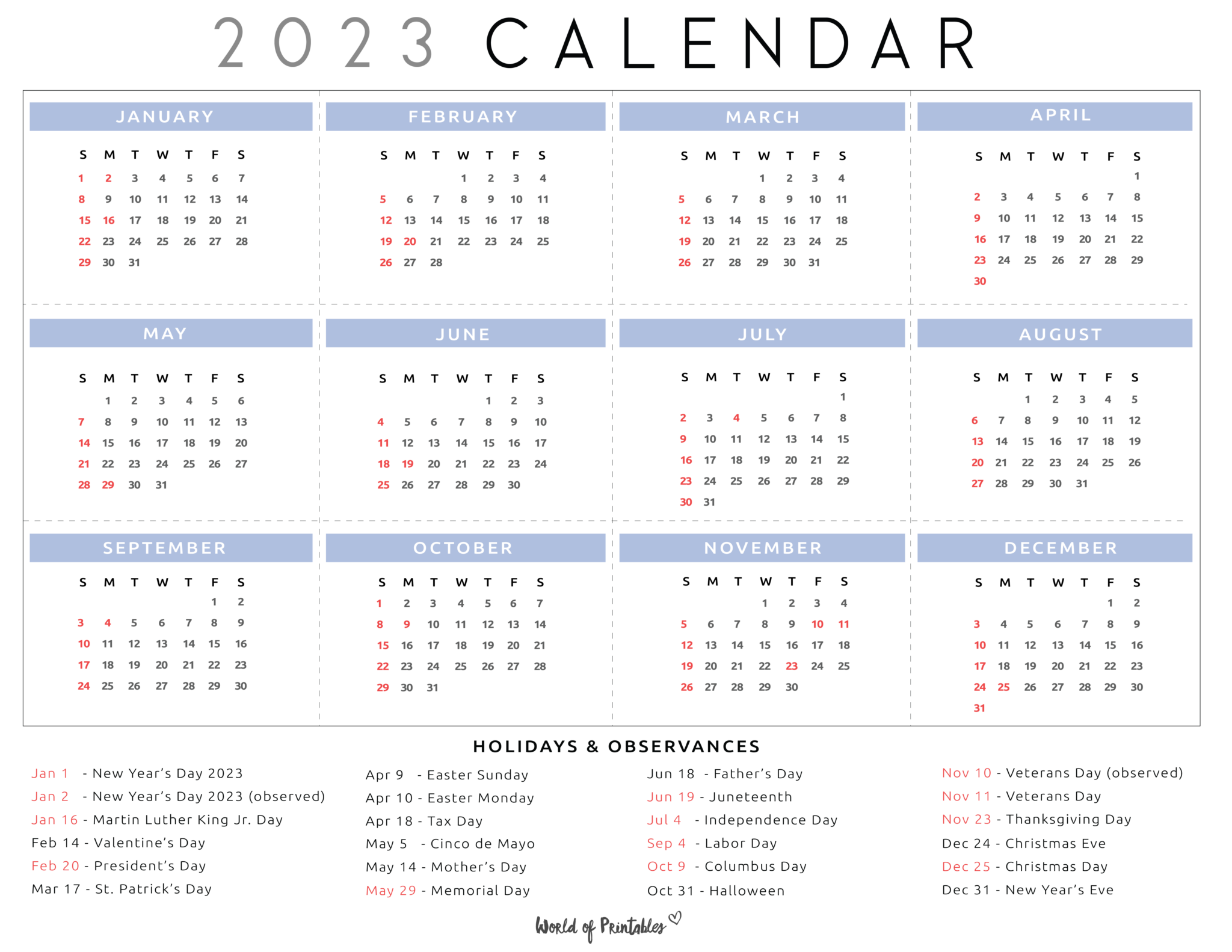 2023 Calendar With Holidays - World of Printables