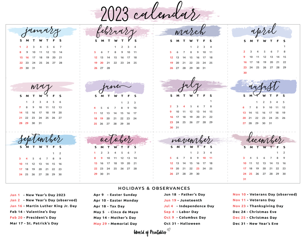 2023 Calendar With Holidays - World of Printables