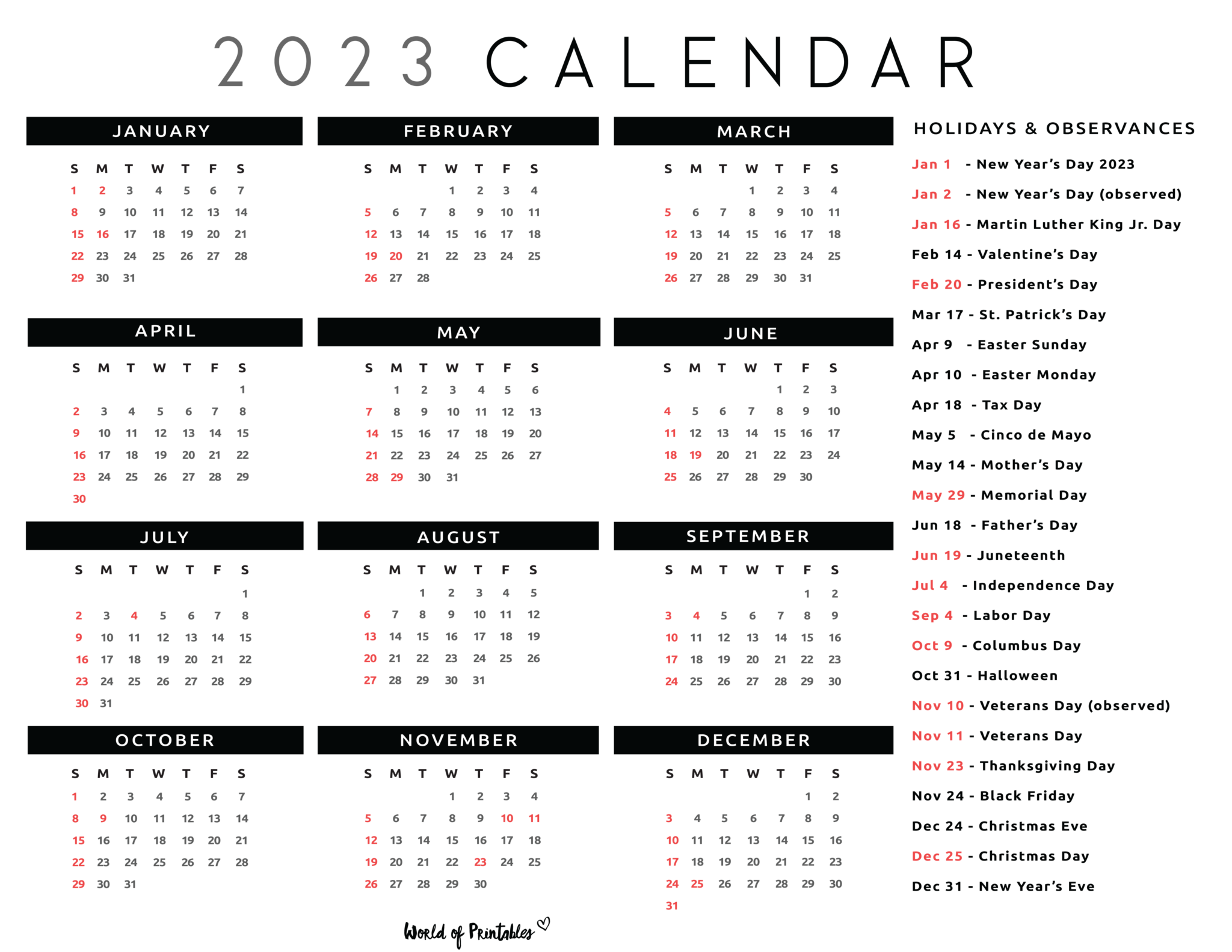 2023 Calendar With Holidays - World of Printables