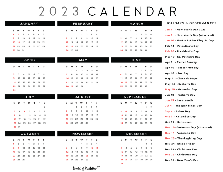 2023 Calendar With Holidays - World of Printables