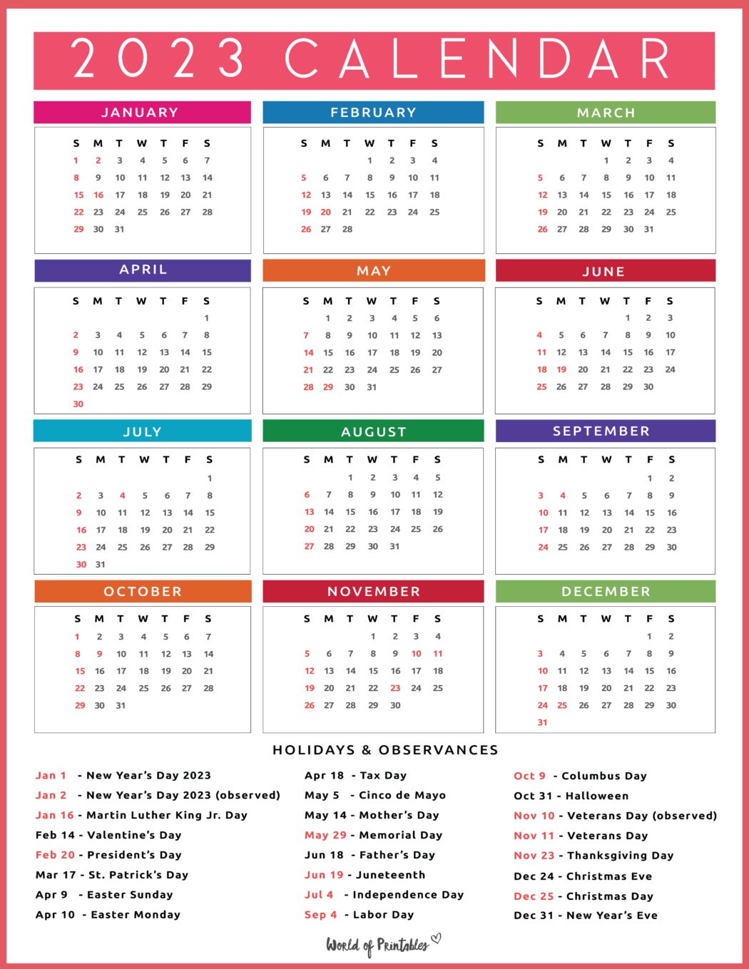 2023 Calendar With Holidays - World of Printables
