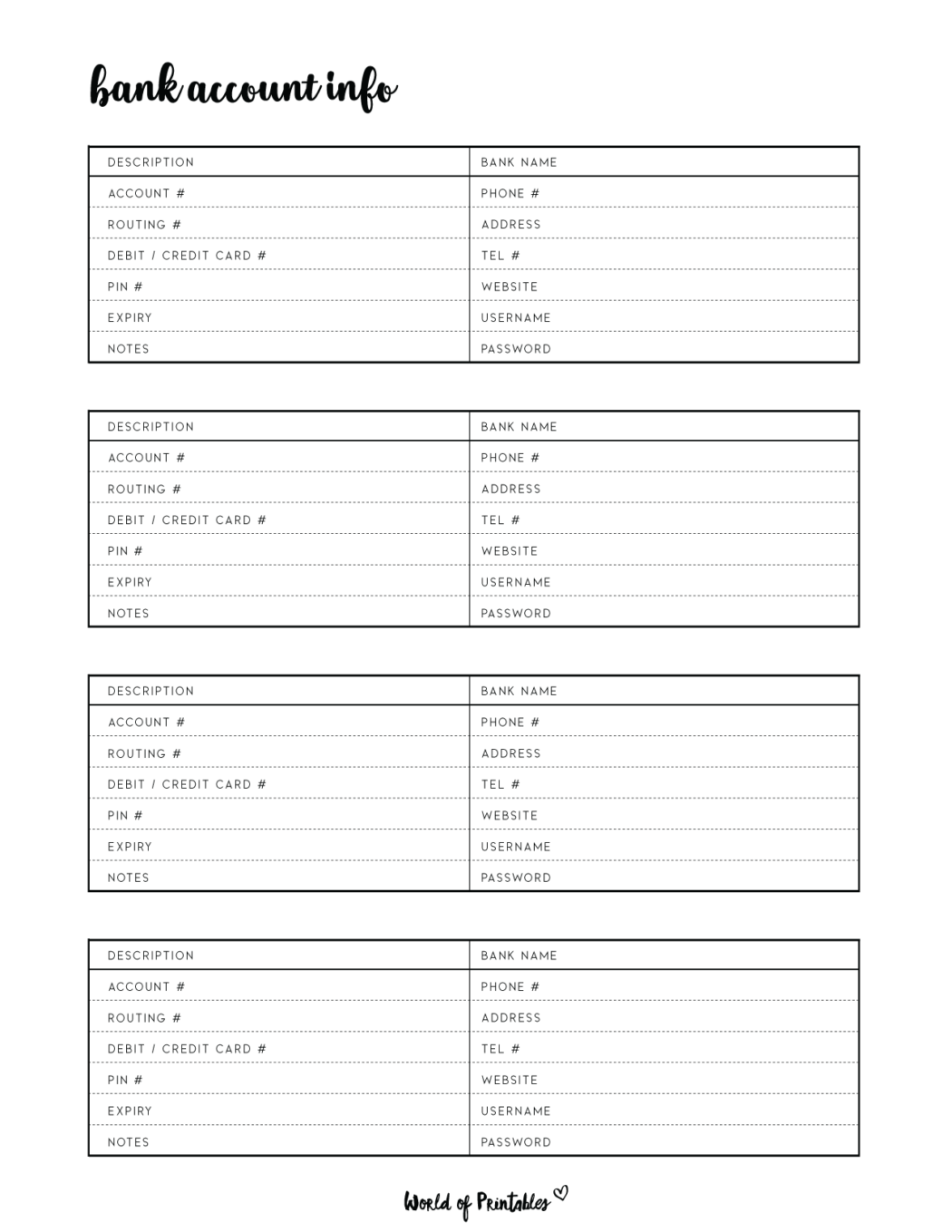 Bank Information Templates - World of Printables