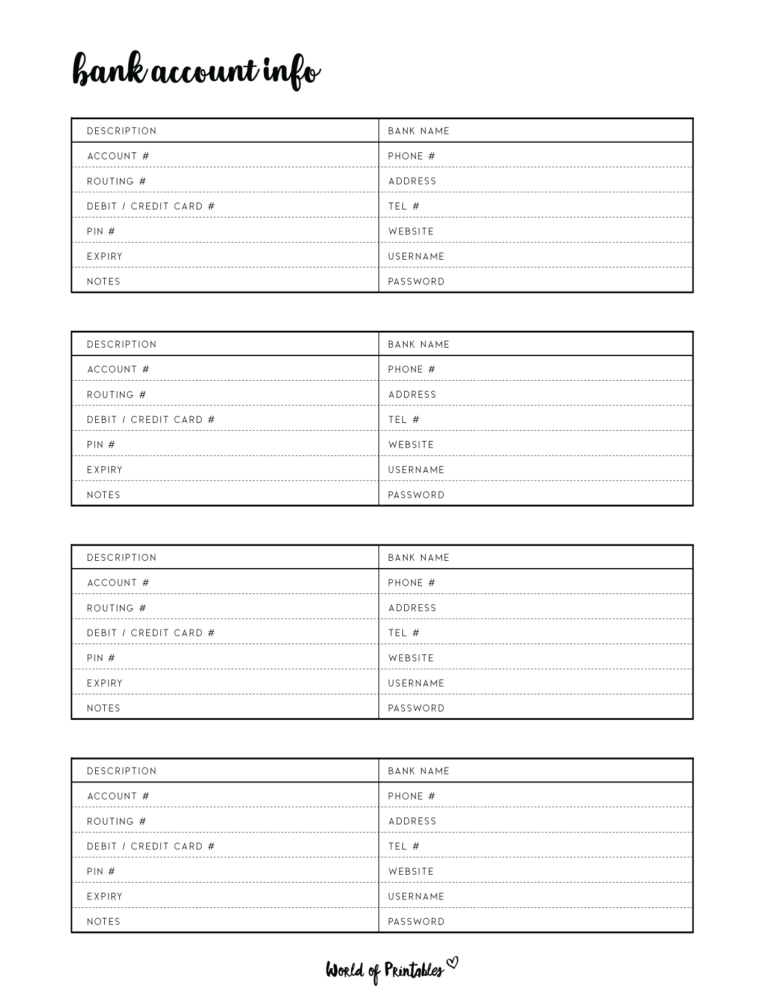 Bank Information Templates - World of Printables
