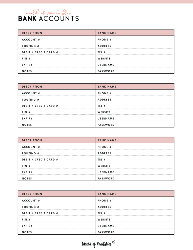 Bank Information Templates - World of Printables