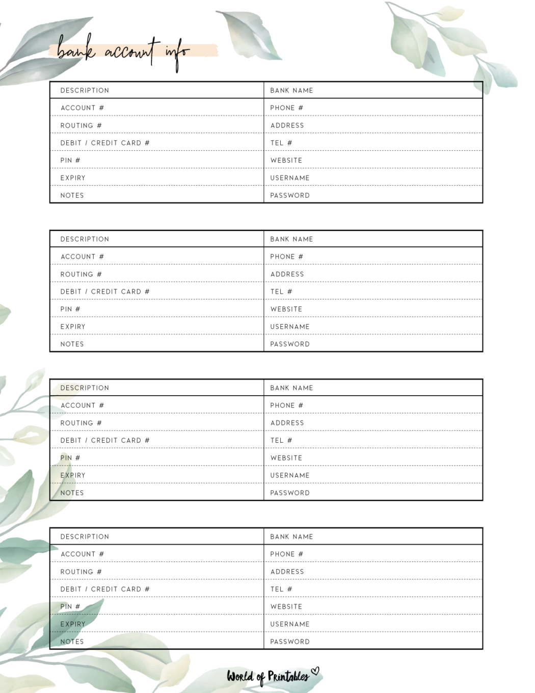 Bank Information Templates - World of Printables