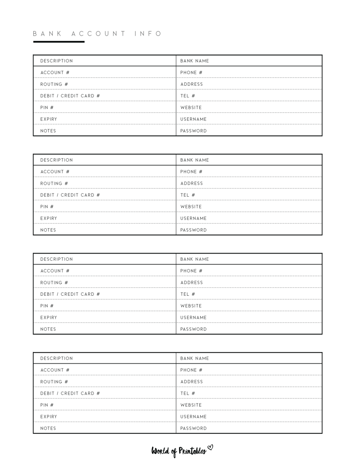 Bank Information Templates - World of Printables
