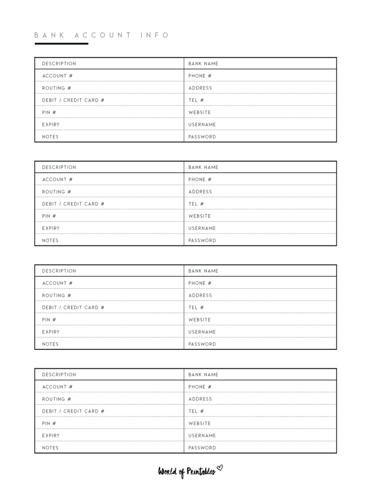 Bank Information Templates - World of Printables