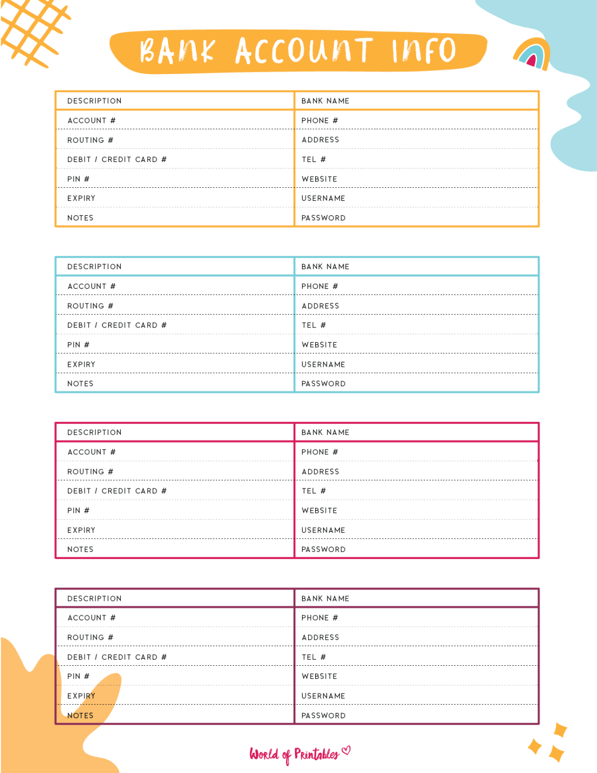 Bank Information Templates - World of Printables